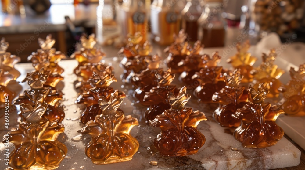 A table full of golden maple leaf shaped candies. The candies are ...