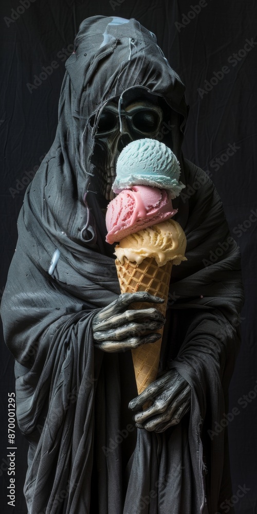A surreal depiction of the grim reaper holding a large ice cream cone ...