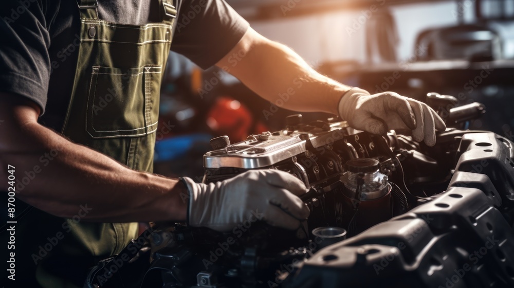 mechanic is doing the annual car inspection. Car repair shop is ready ...
