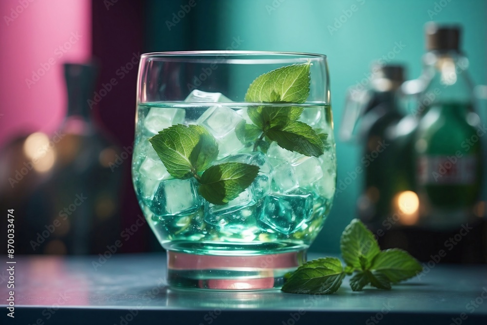 Soju: A glass of soju with a mint leaf garnish, on a reflective glass ...