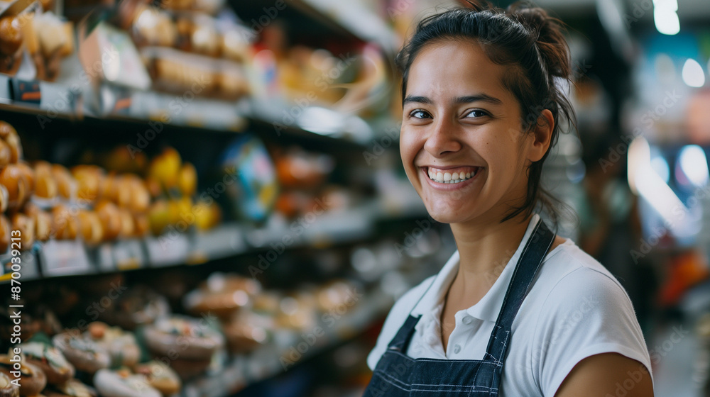 at a grocery aisle, woman portrait of a supermarket employee, confident ...