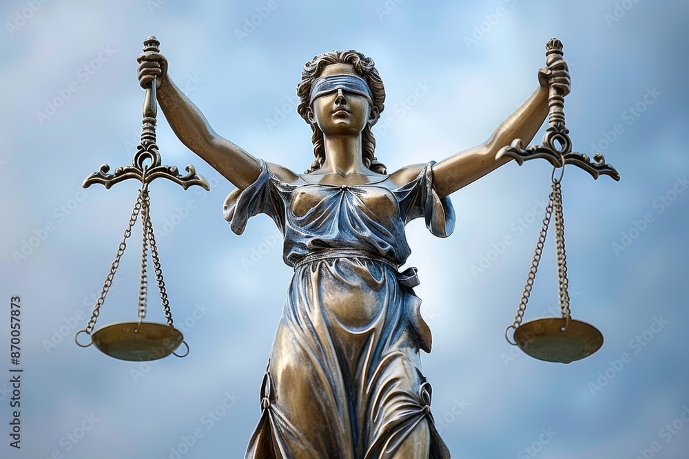 A bronze statue of Lady Justice, standing tall with a pair of balanced ...