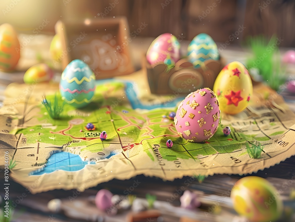 3D render of Easter egg hunt map with clues and decorated eggs, Photo ...