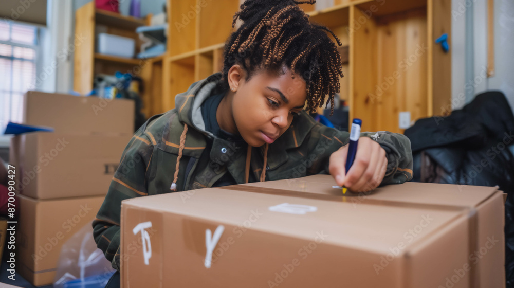 Person labeling a box with a marker in a storage room Stock Photo ...