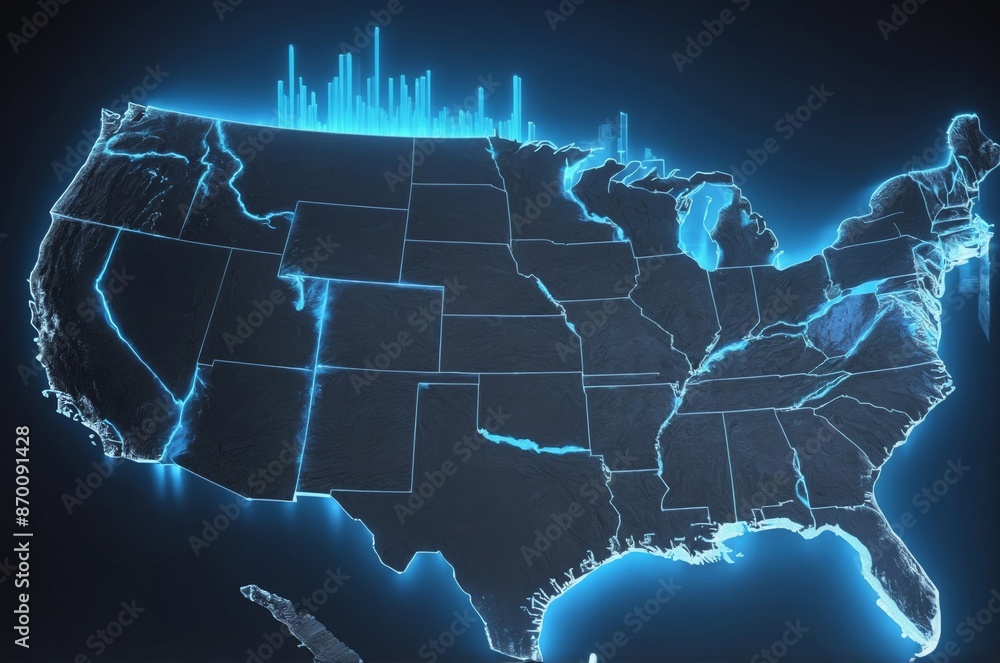 Digital illustration of united states map with glowing blue outlines ...