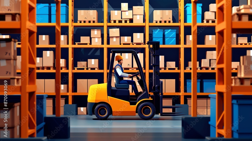 flat cartoon illustration of a warehouse worker driving a forklift in ...