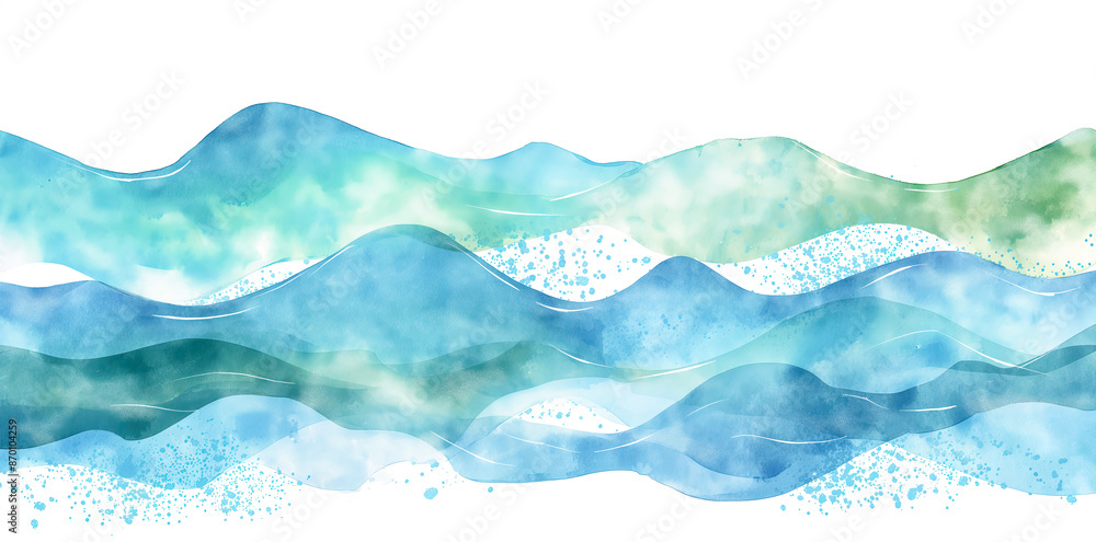 Abstract blue and teal watercolor background with wavy lines, isolated ...