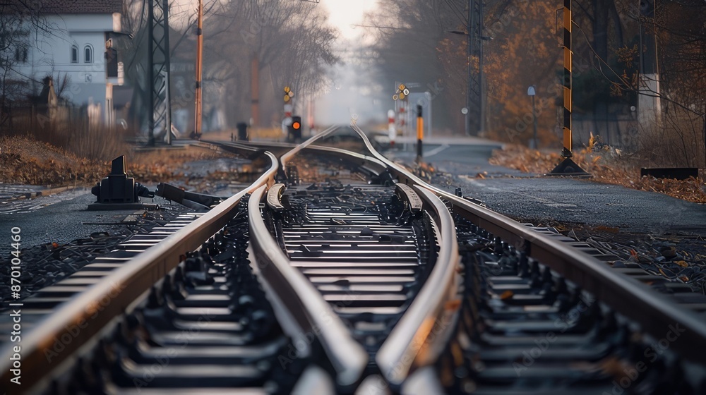 Train tracks splitting into two directions, disappearing into the ...
