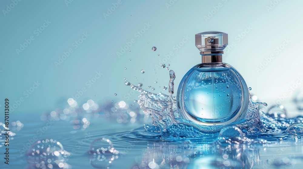 Perfume bottle on water with water spray, bubbles, minimalism, product ...