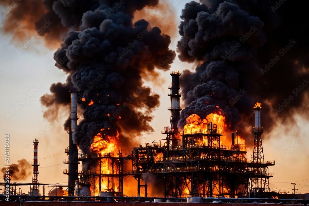 Thick plumes of black smoke erupt from a blazing oil rig refinery plant ...