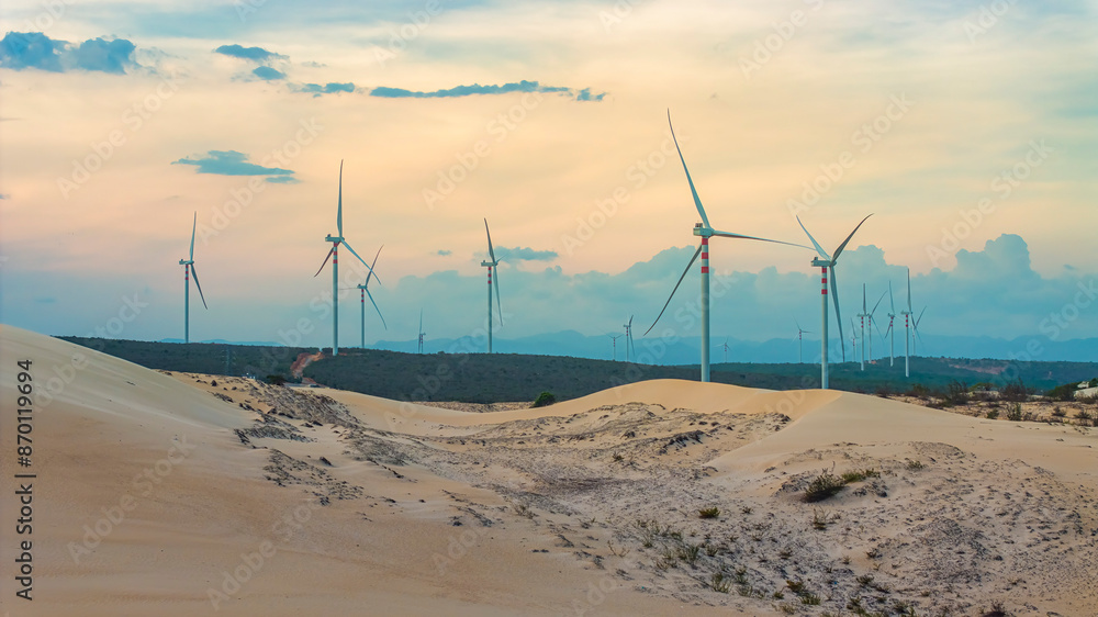 Windmill park with clouds and a blue sky, wind mill turbines in the ...