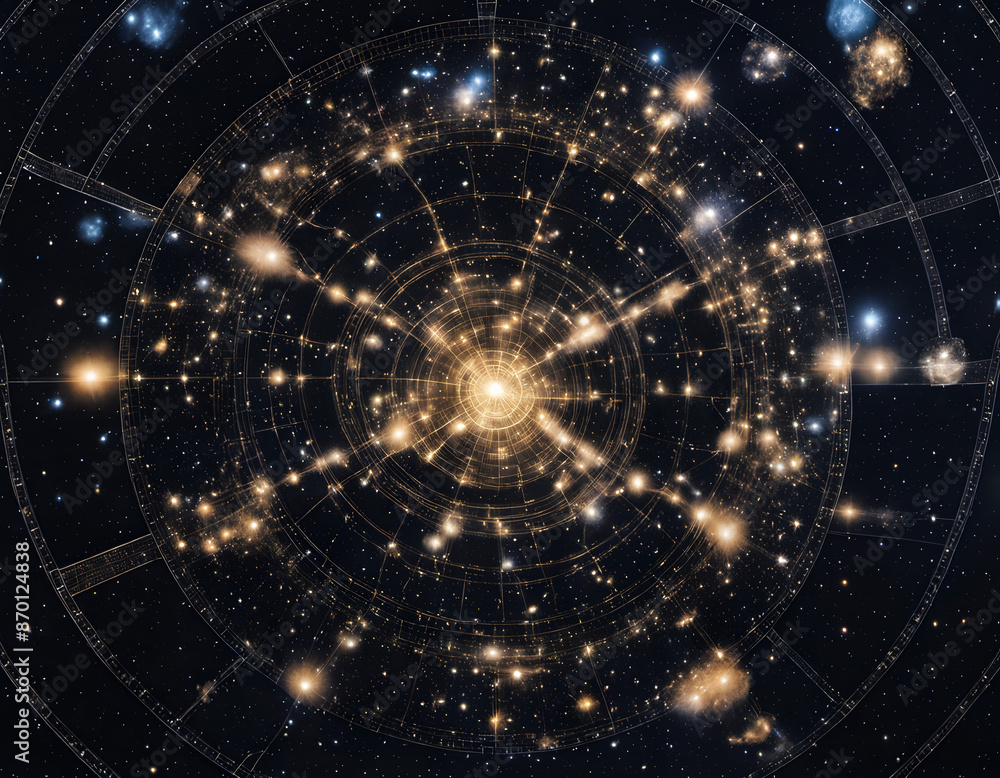 Detailed Celestial Star Map with Golden Stars and Concentric Circles ...