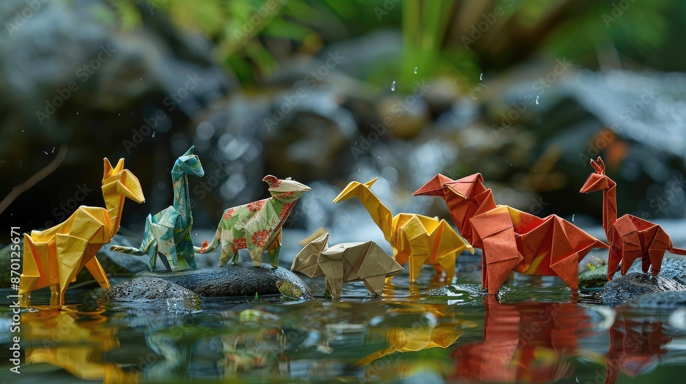 Origami animals gathering around a paper waterhole, representing the ...