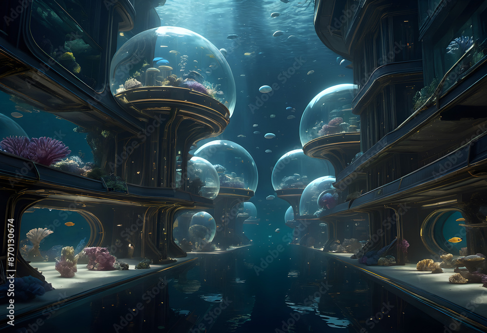 Futuristic Underwater City with Coral Reefs and Marine Life Stock Photo ...