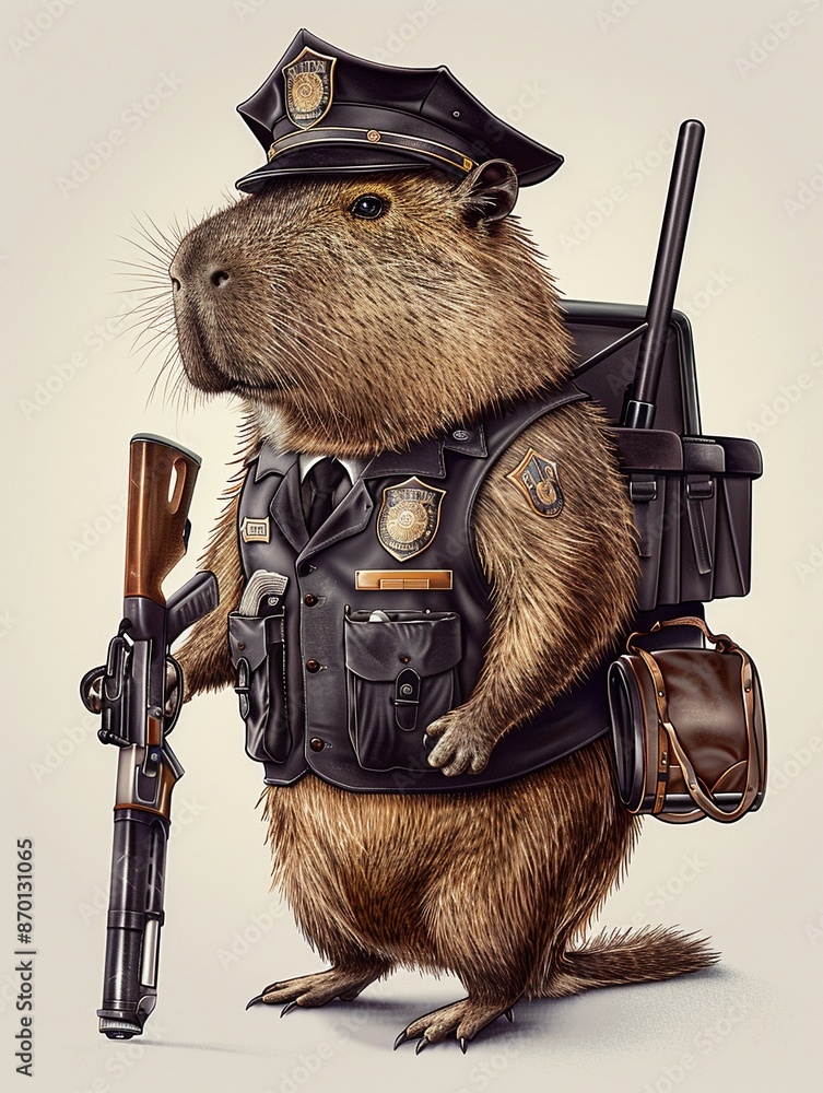 Capybara in a police uniform, standing next to a patrol car, realistic, soft hues, law ...