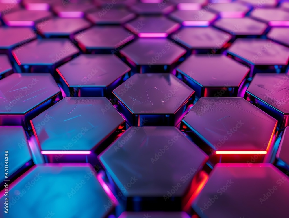 Futuristic hexagonal pattern with vibrant neon lights creating a modern, techno aesthetic ...