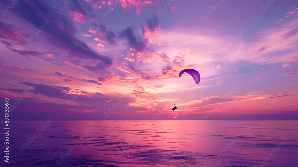 A parasailer soaring high above the water at twilight, with the sky ...