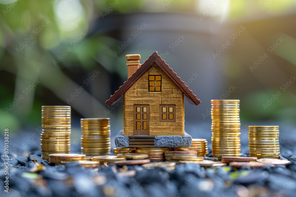 house is surrounded by a pile of gold coins. The house is small and ...