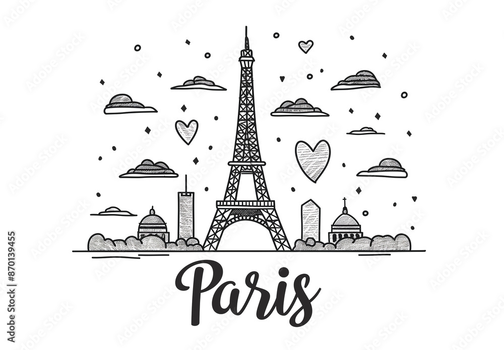 ภาพประกอบสต็อก Continuous one line drawing of Paris skyline. French ...