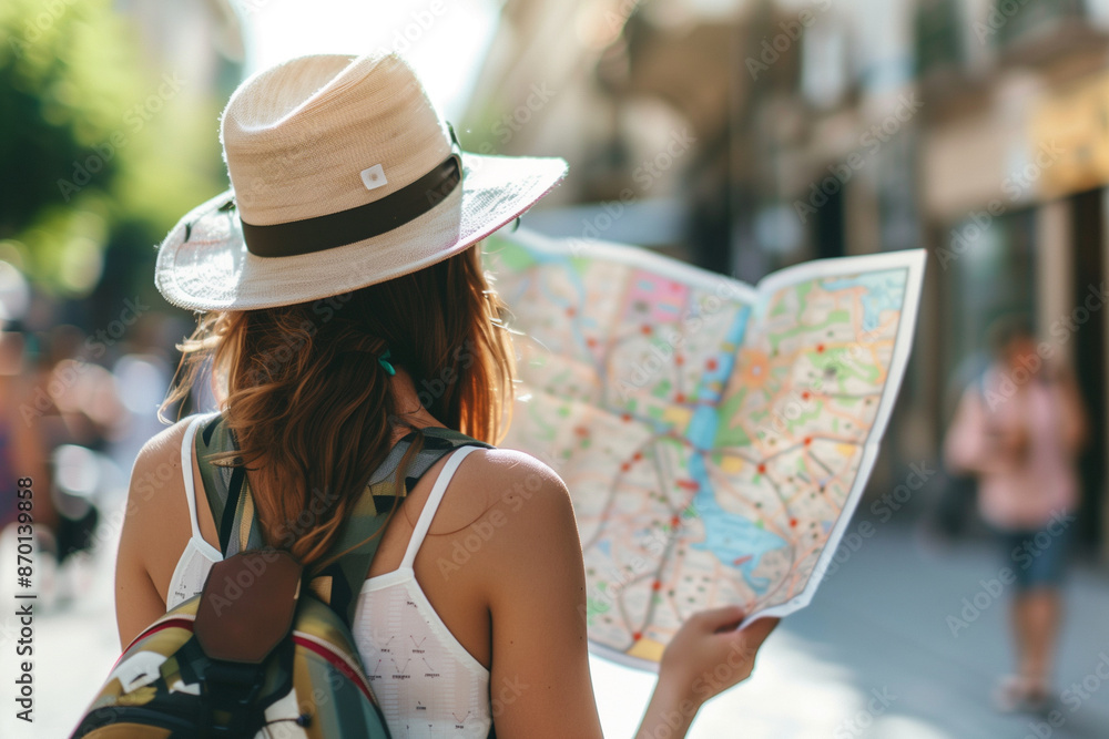 woman wearing a straw hat and a backpack is looking at a map. She is on ...