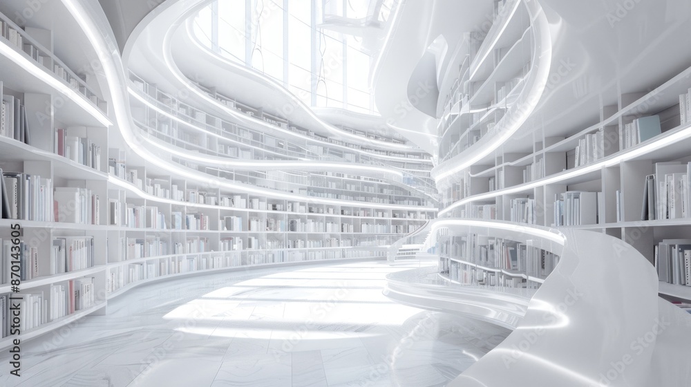 Background image of public clean library with white minimal furniture ...
