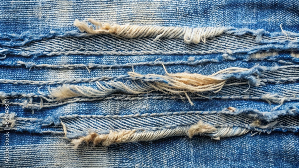 Ripped and frayed torn denim jeans texture with rough edges and threads ...