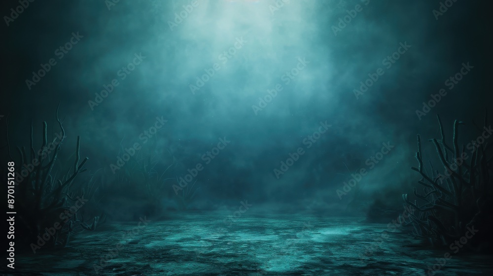 Eerie underwater scene with dim light filtering through murky water ...
