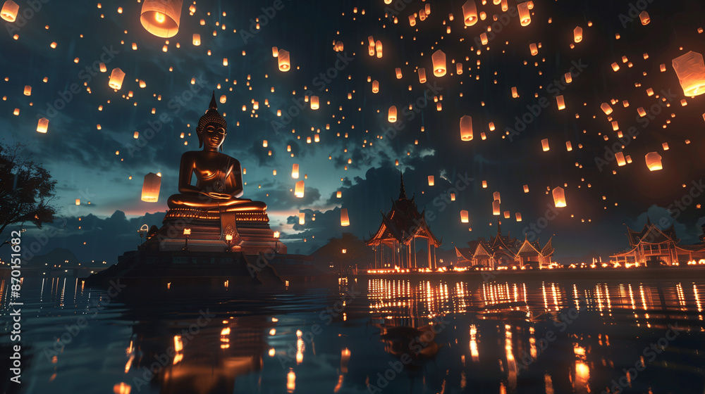 Buddhist Vesak: A grand Vesak festival with lanterns floating in the ...