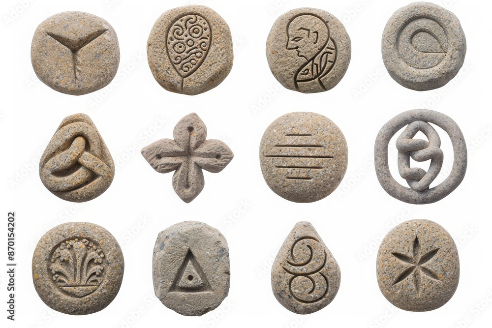 Collection of intricately carved stone symbols on round stones arranged ...