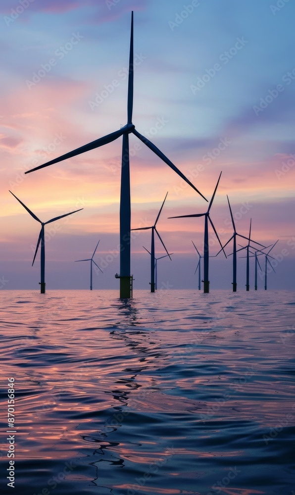 Offshore wind farm with turbines in the sea, illustrating sustainable ...