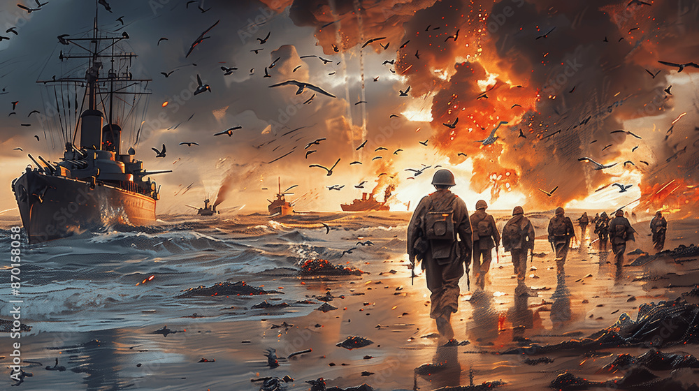 American Soldiers Landing on Normandy Beach during WWII with Explosions ...