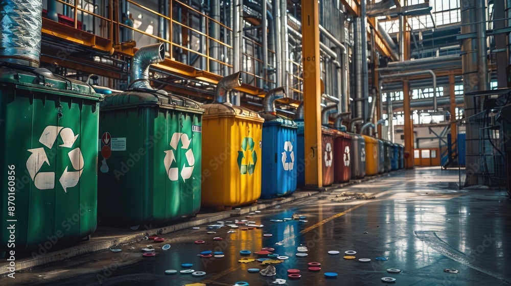 Industrial facility with visible signs for recycling and waste ...