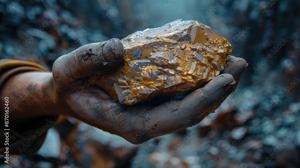 Miner holding large copper rock. Miner's gloved hand holding a large ...