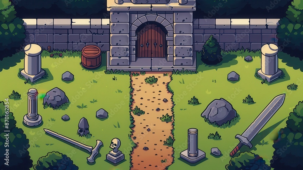 Pixel art of an ancient ruin entrance with scattered columns and a ...