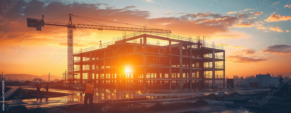 steel frame office building under construction at sunset, modern urban ...