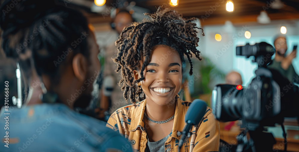 Modern Video Studio Interview with Smiling Female Influencer and ...