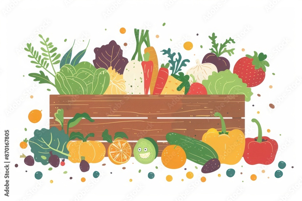 Illustration of a wooden crate filled with fresh vegetables and fruits ...