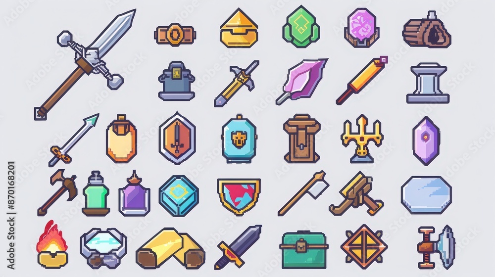 Set of colorful pixel art game icons featuring various fantasy items ...