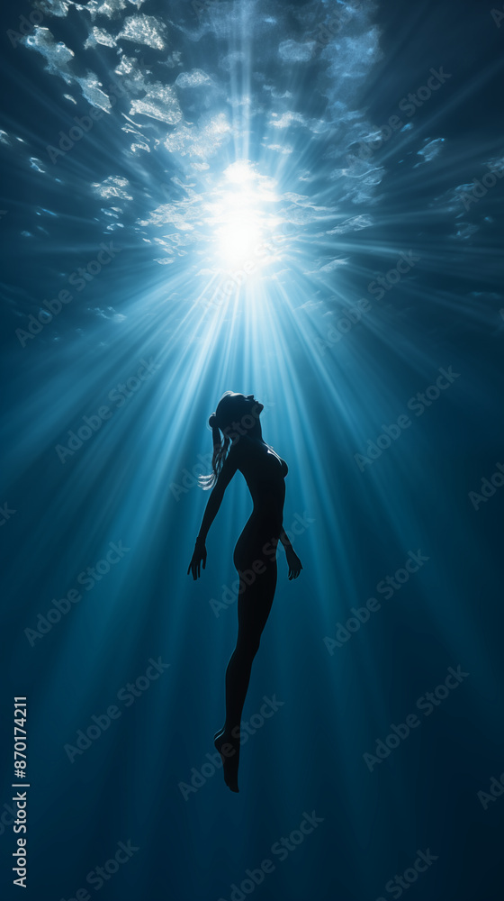 A beautiful female model free diving in the deep sea. Light rays pierce ...