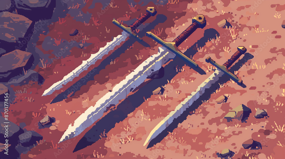 pixel art illustration of three medieval swords on the ground, a video ...