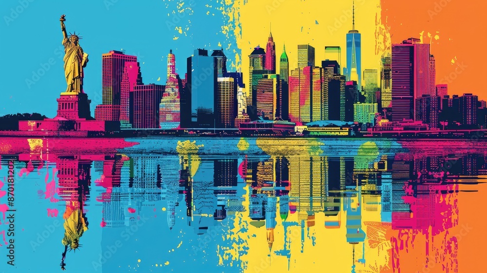 Vibrant pop art depiction of the New York City skyline with the Statue ...