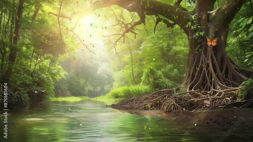 tropical rain forest mangrove river and green tree seamless looping ...