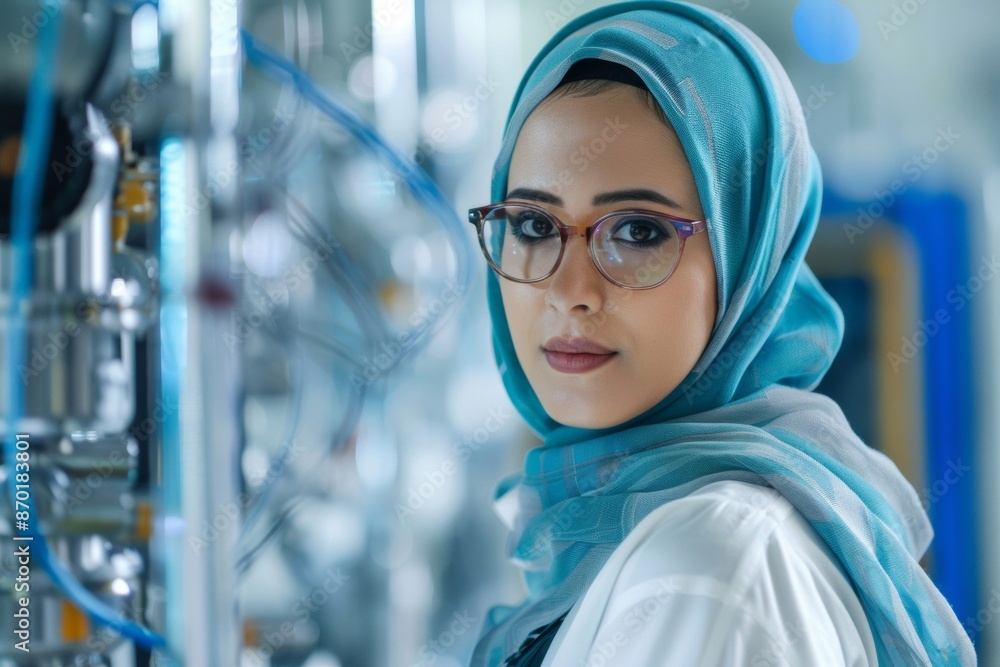 An Arabic woman working as an engineer or scientist, wearing ...