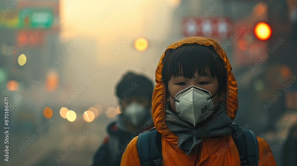 Children wearing masks in a smog-filled city, showing air pollution issues Stock Illustration ...