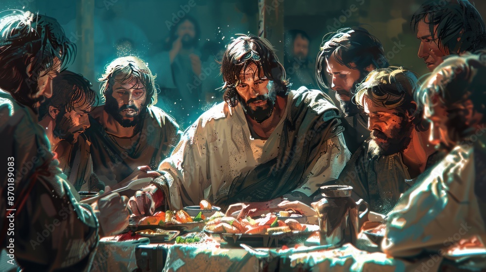 The Last Supper, Jesus with disciples, sharing a meal, solemn ...