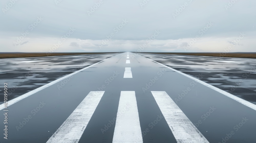 Clear airport runway running tangentially across, left to right, wet ...