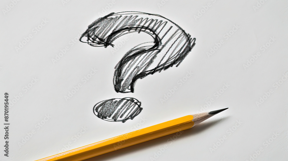 Hand-Drawn Question Mark on White Paper Description: A simple, bold ...