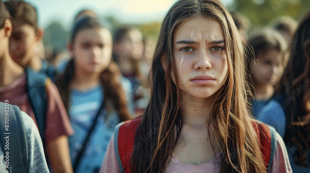 Young woman looking sad while a group of friends stand behind her, in ...