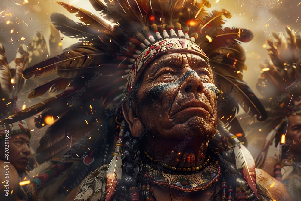 An Indian chief with head feathers, surrounded by his warriors in the ...