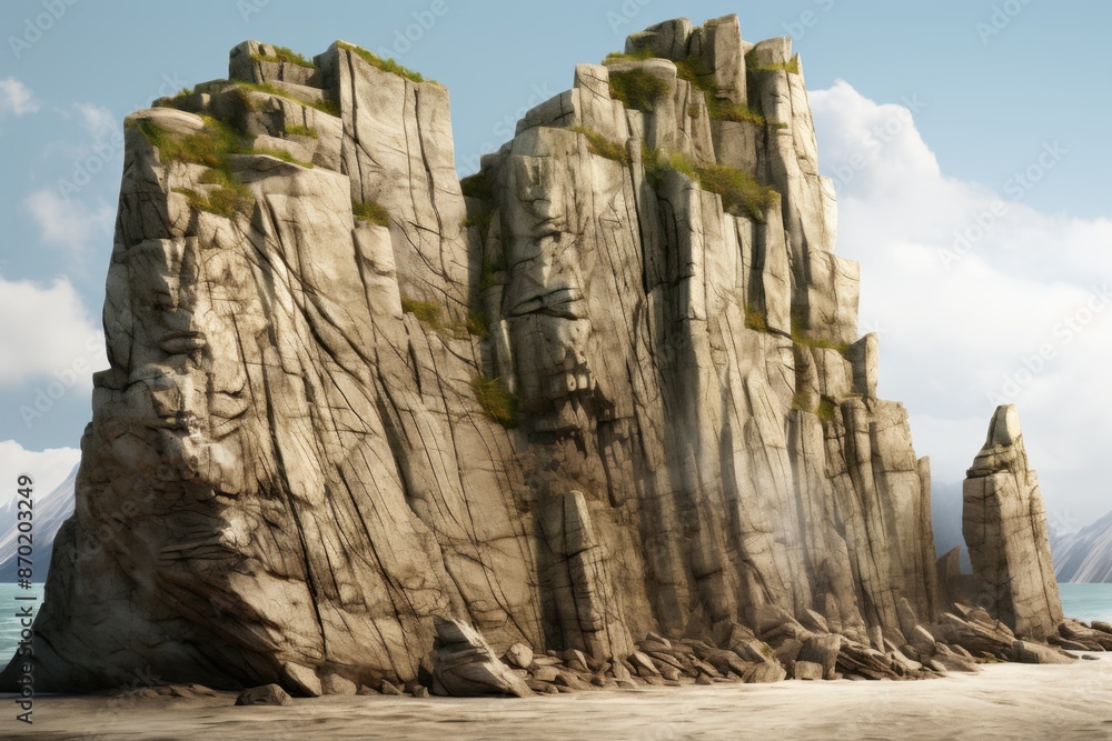 A lone rock face with minimal details, highlighting the rugged texture ...